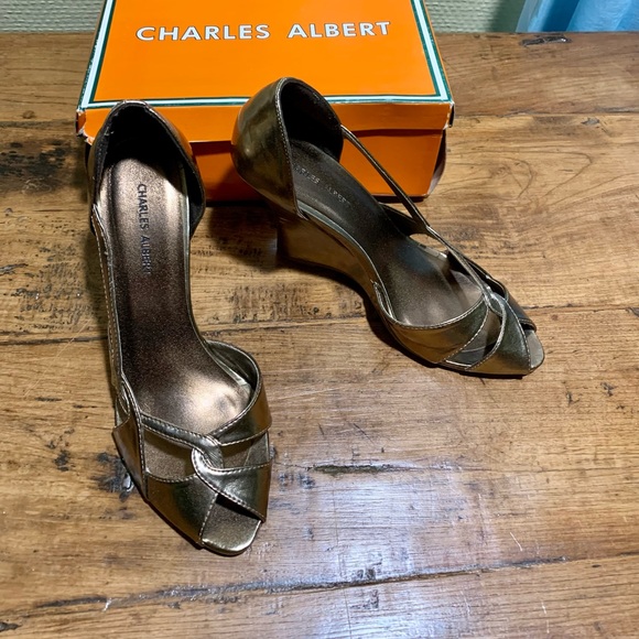 Charles Albert | Shoes | Charles Albert Bronze Metallic Wedge Heels ...